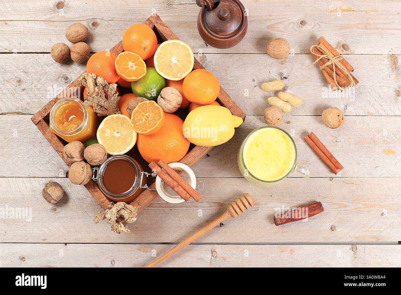 Healthy natural food for flu and colds. Golden turmeric latte and fresh ...