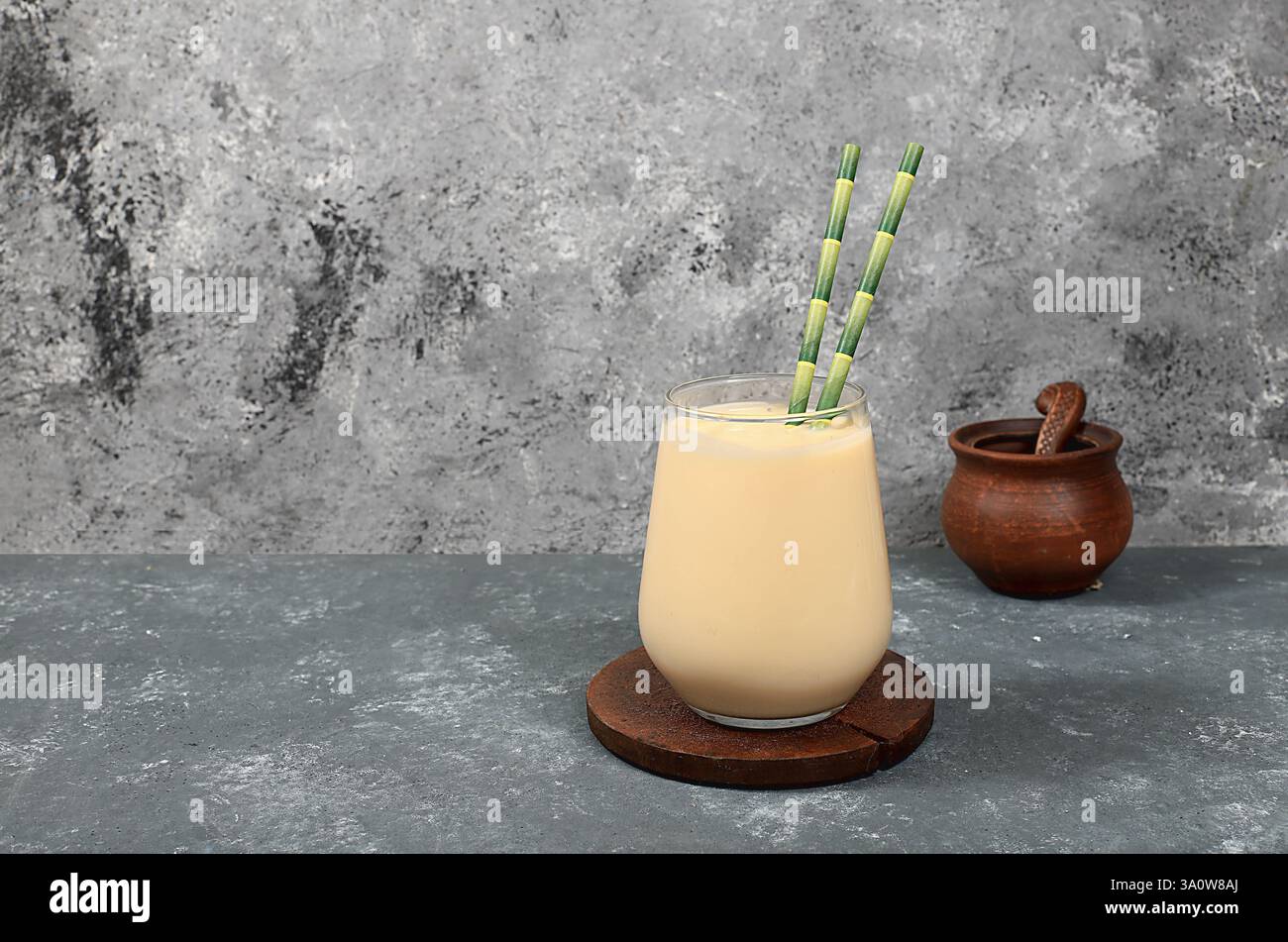 Fresh plain homemade herbal yogurt, kefir, ayran, lassi, smoothie in a ...