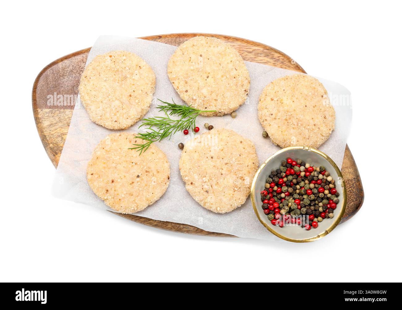 Many uncooked patties and spices isolated on white, top view Stock ...