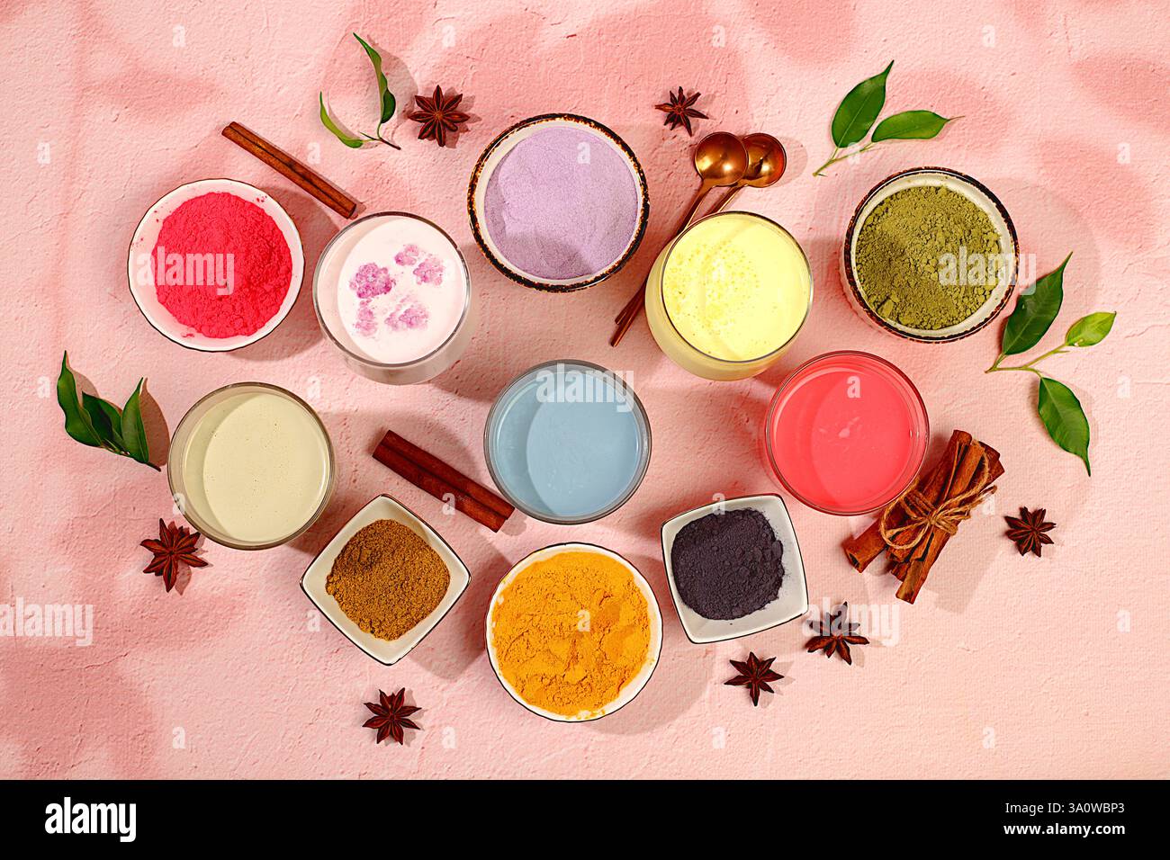 Various matcha tea lattes with milk on light background and matcha ...