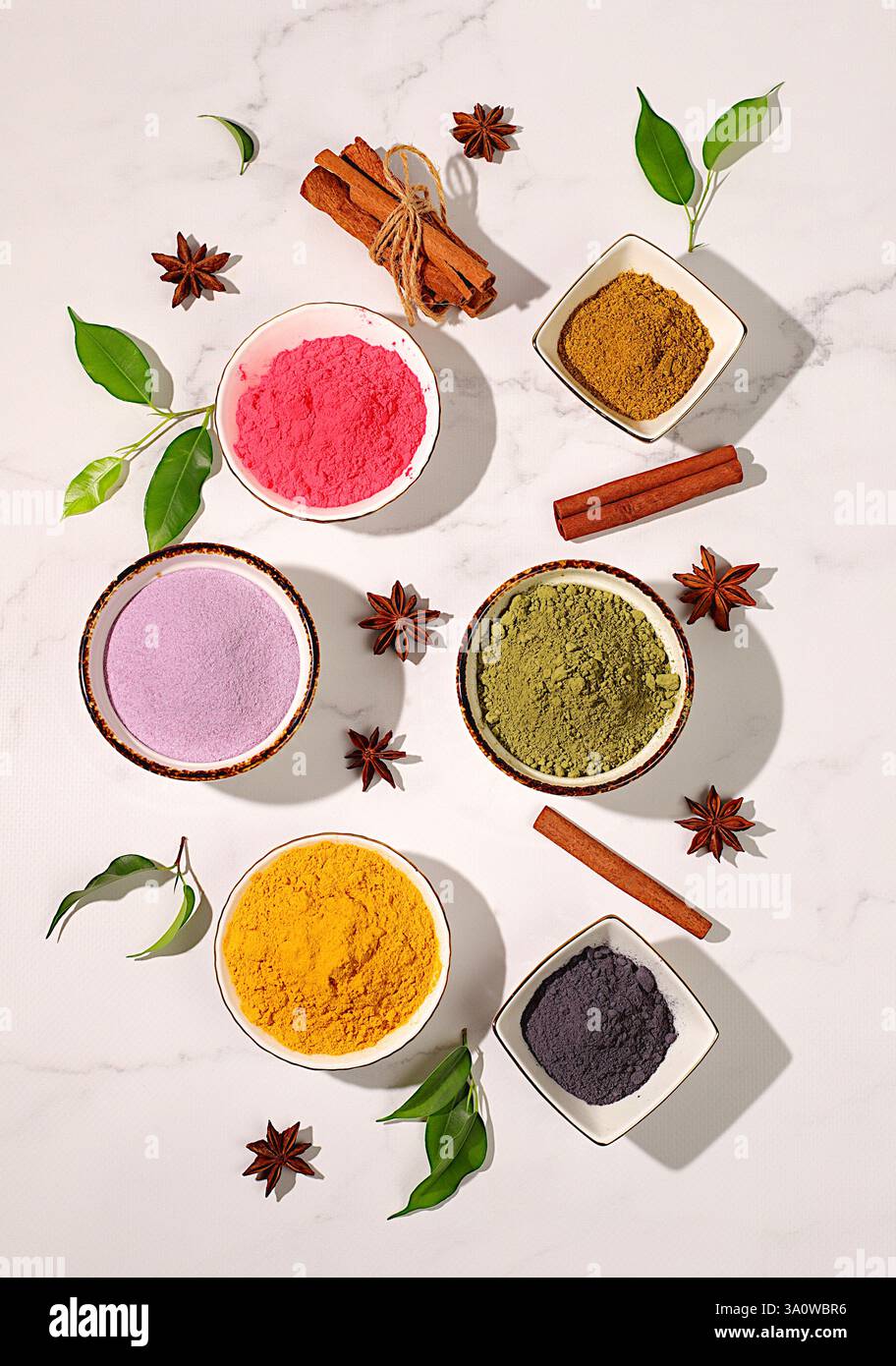 Assortment of different types of matcha on a light background, blue ...