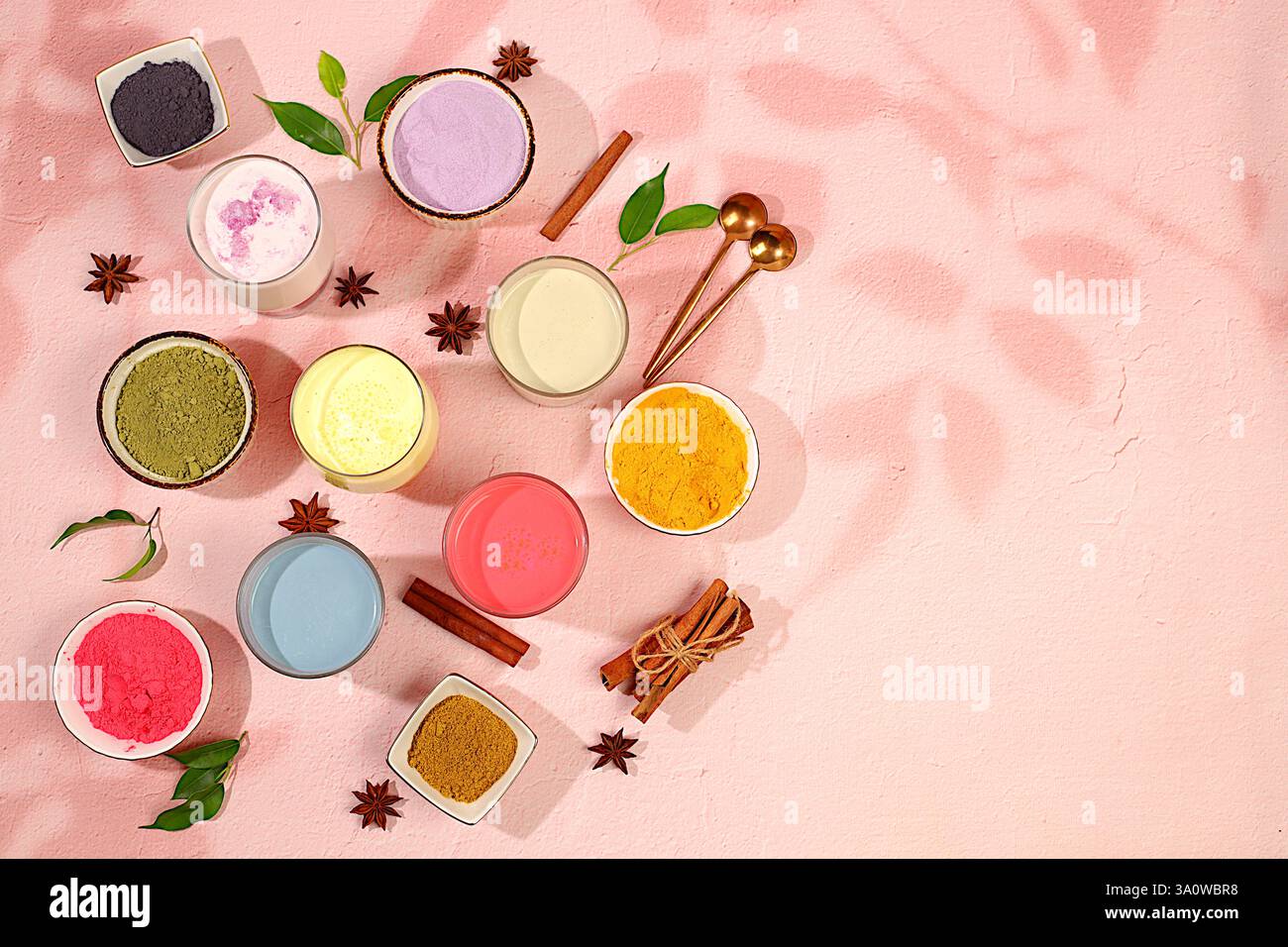 Various matcha tea lattes with milk on light background and matcha ...