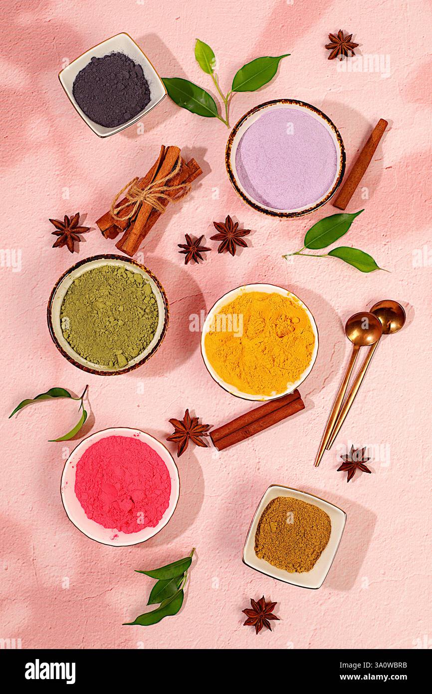 Assortment of different types of matcha on a light background, blue ...