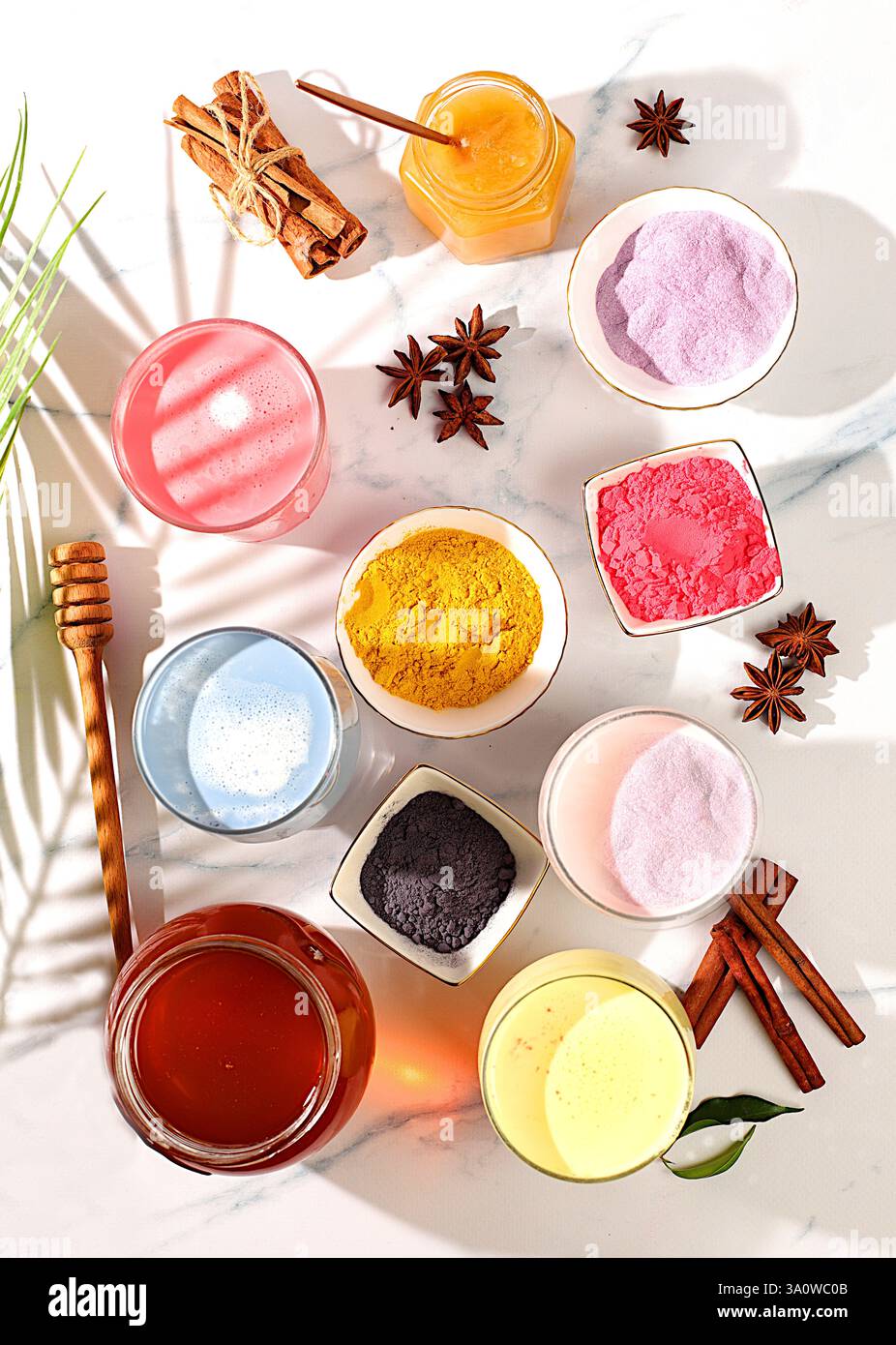 An assortment of colorful matcha lattes, Japanese tea, golden turmeric ...