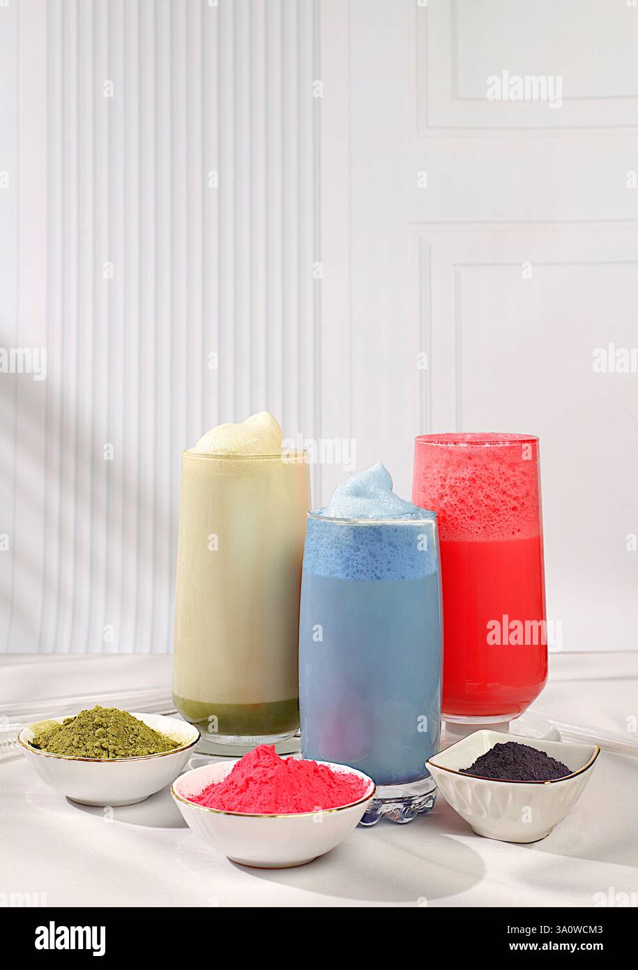 Assortment of various matcha tea latte with milk on elegant kitchen ...