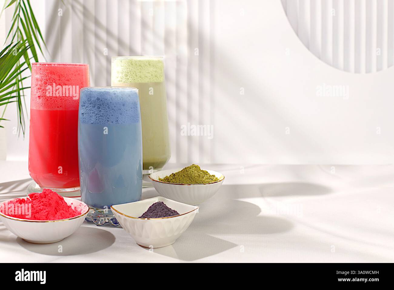 Assortment of various matcha tea latte with milk on elegant kitchen ...