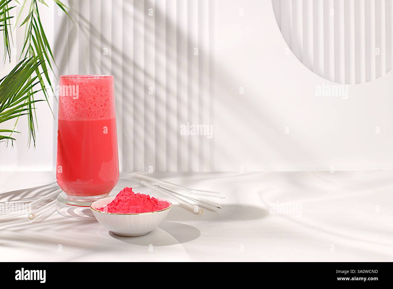 Pink matcha tea latte with milk on elegant kitchen sunny background ...