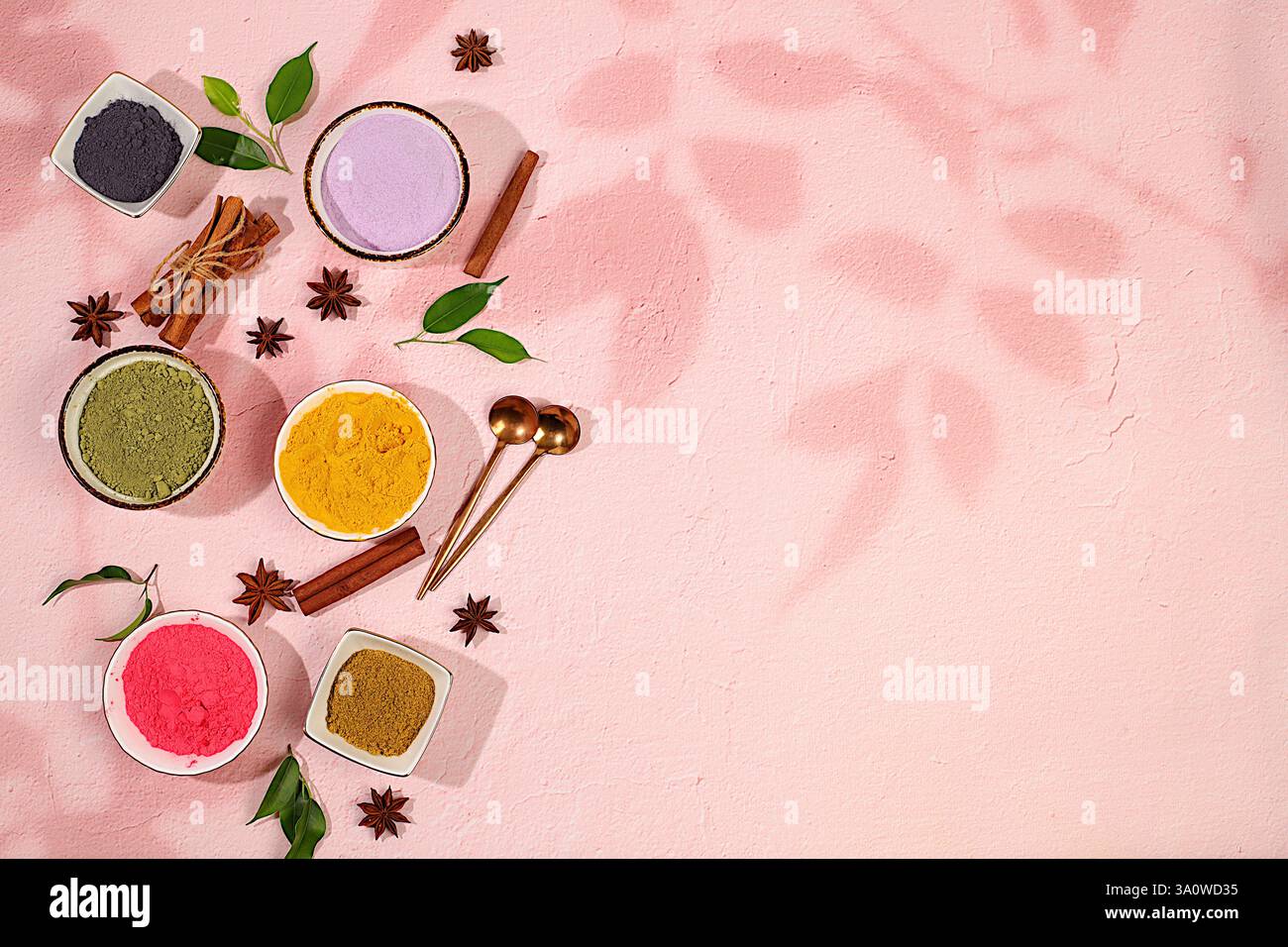 Assortment of different types of matcha on a light background, blue ...