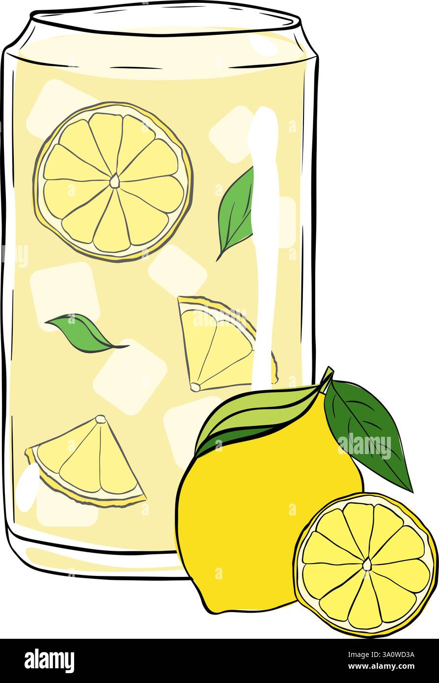 Lemonade in a glass with pieces of lemon and mint leaves. Graphic line ...