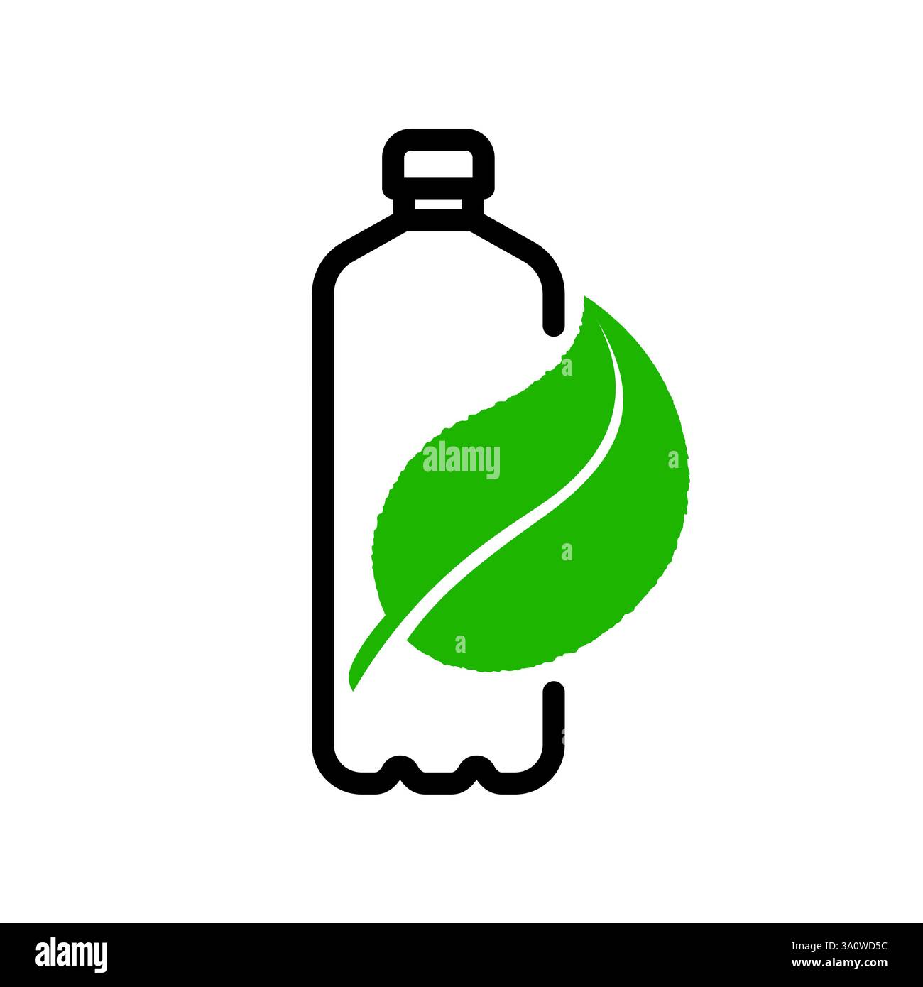 Black linear recycled plastic bottle with green leaf icon ...