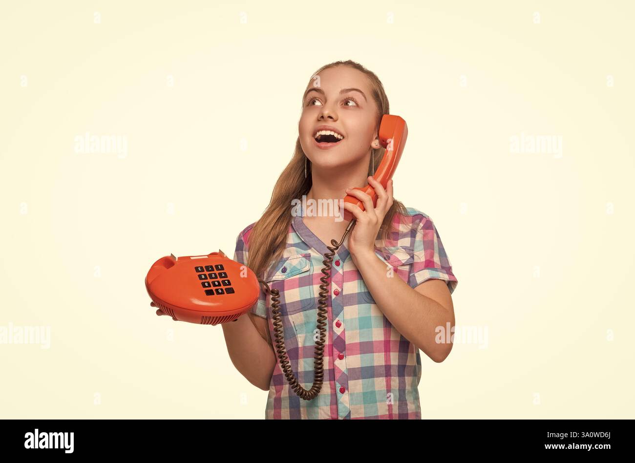 1950 style nostalgia. Telephone communication. Teen girl with retro ...