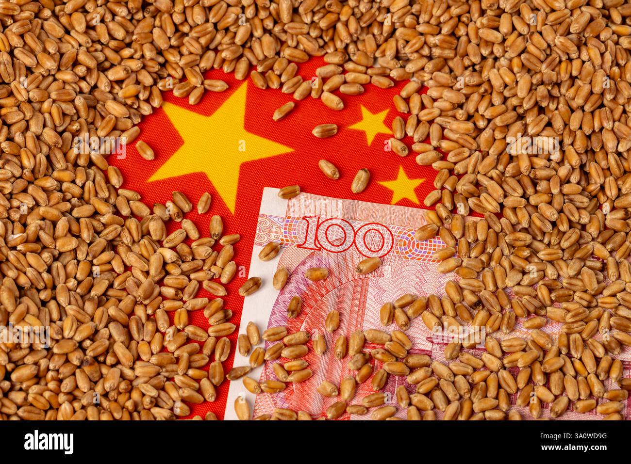 Wheat seed with flag of China and yuan money. Trade tariffs ...
