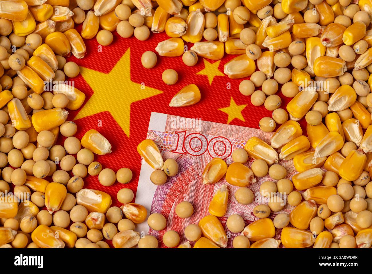 Corn and soybeans with flag of China and yuan money. Trade tariffs ...