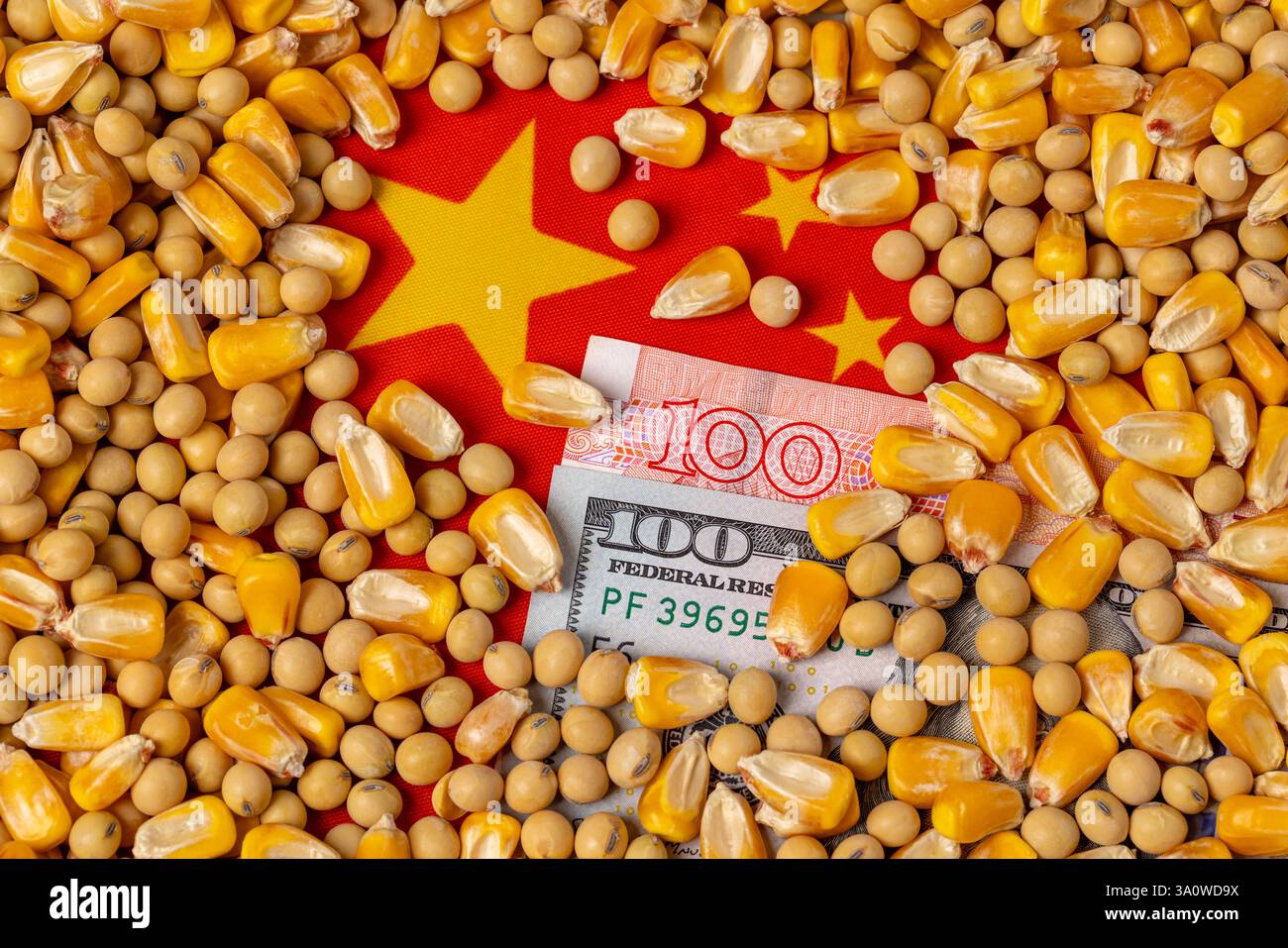 Corn and soybeans with flag of China, yuan, and United States cash ...