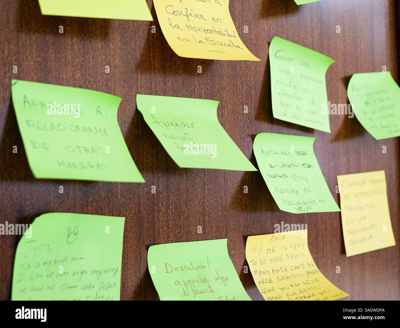 Colored notes on the wall written in spanish Stock Photo - Alamy