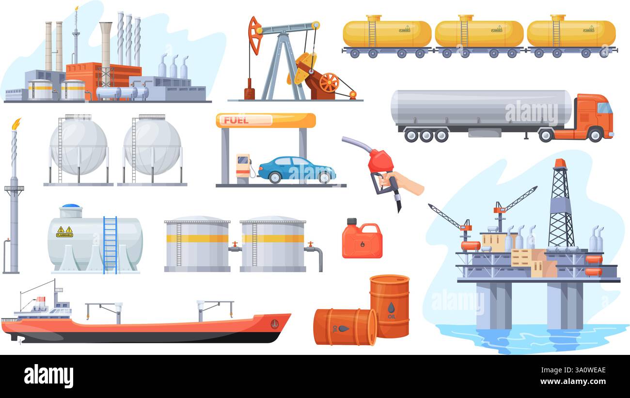 Cartoon oil gas industry. Petroleum platform refinery plant and rigs ...