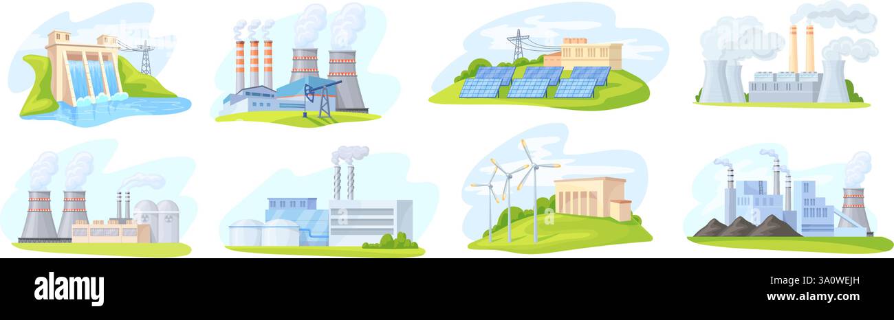 Different energy stations. Renewable power sources factory plant ...