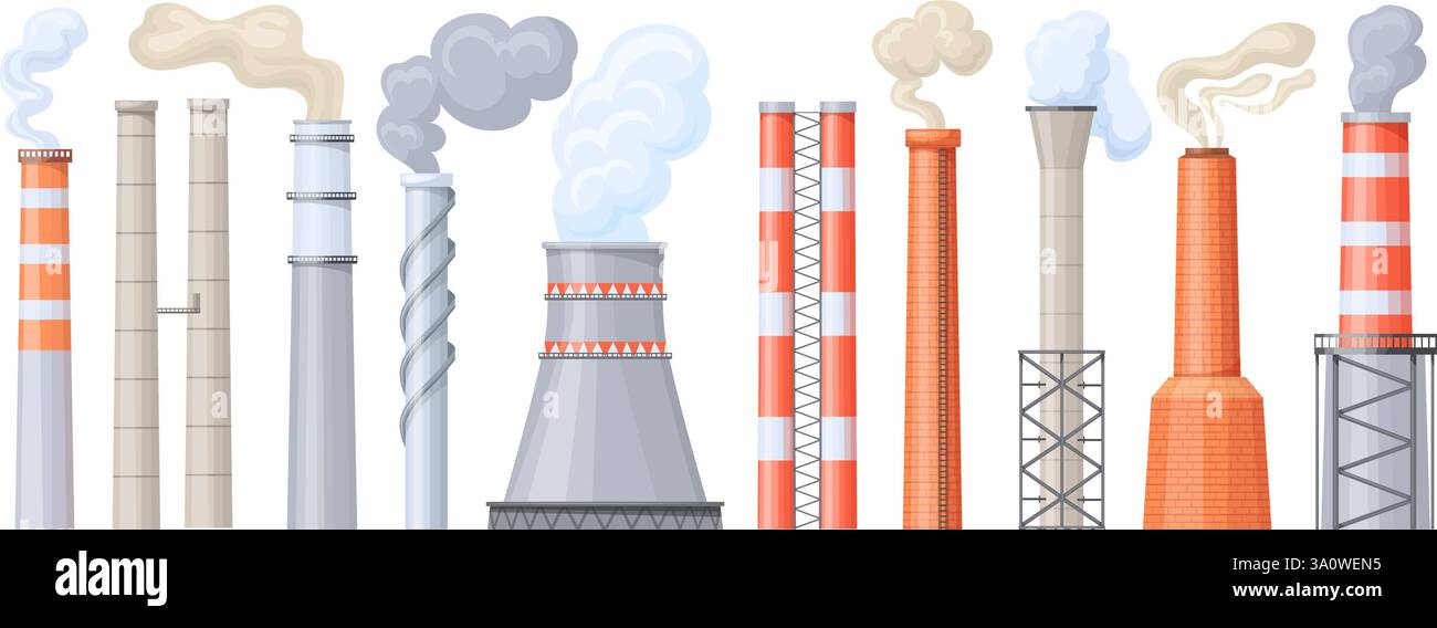 Industrial chimneys stack. Factory smokestack, power plant industry air ...