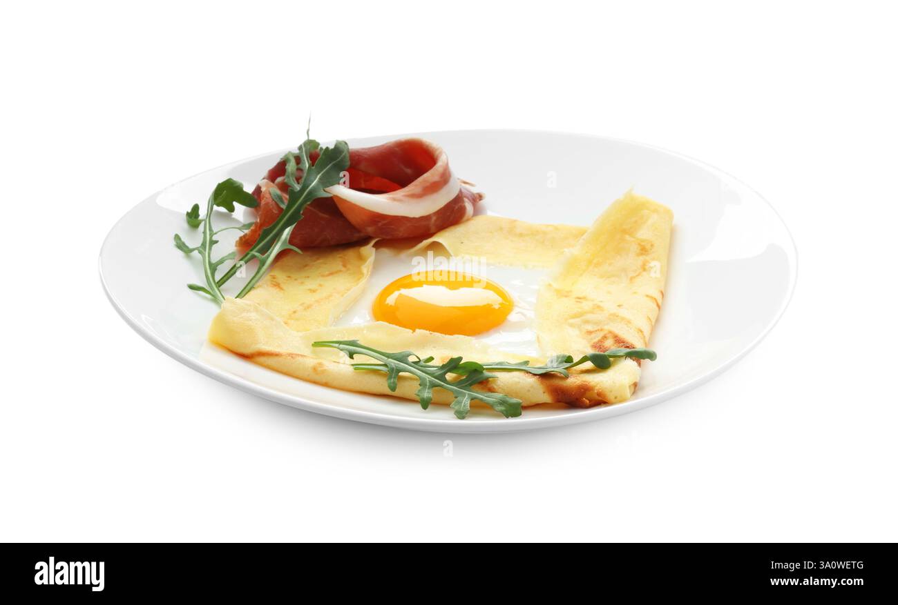Delicious crepe bretonne with bacon and arugula isolated on white Stock ...