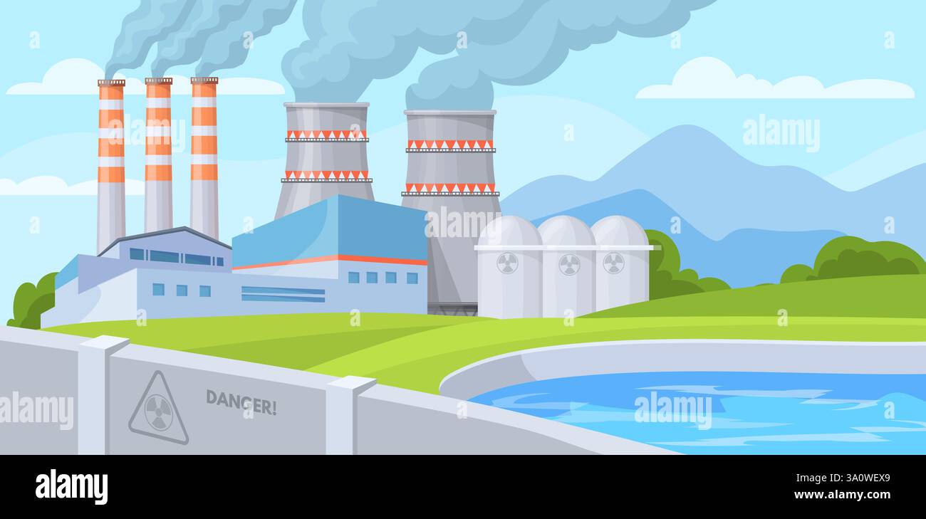Cartoon nuclear power plant. Radioactive power electricity station with atomic reactors and ...