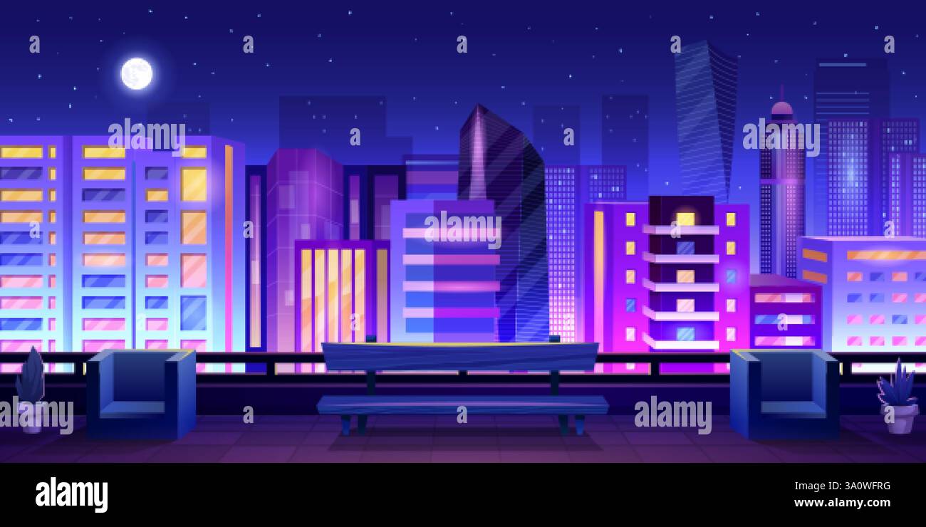 Night city roof. Rooftop futuristic neon urban panoramic landscape ...