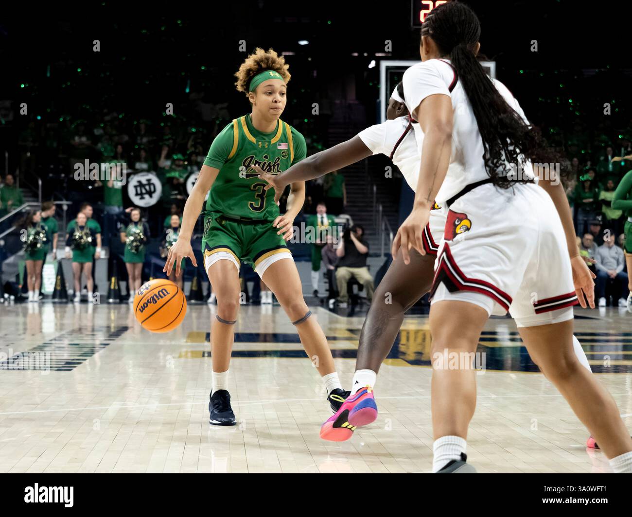 SOUTH BEND, IN - MARCH 02: Notre Dame Fighting Irish guard Hannah Hidalgo (3) dribbles the ball ...
