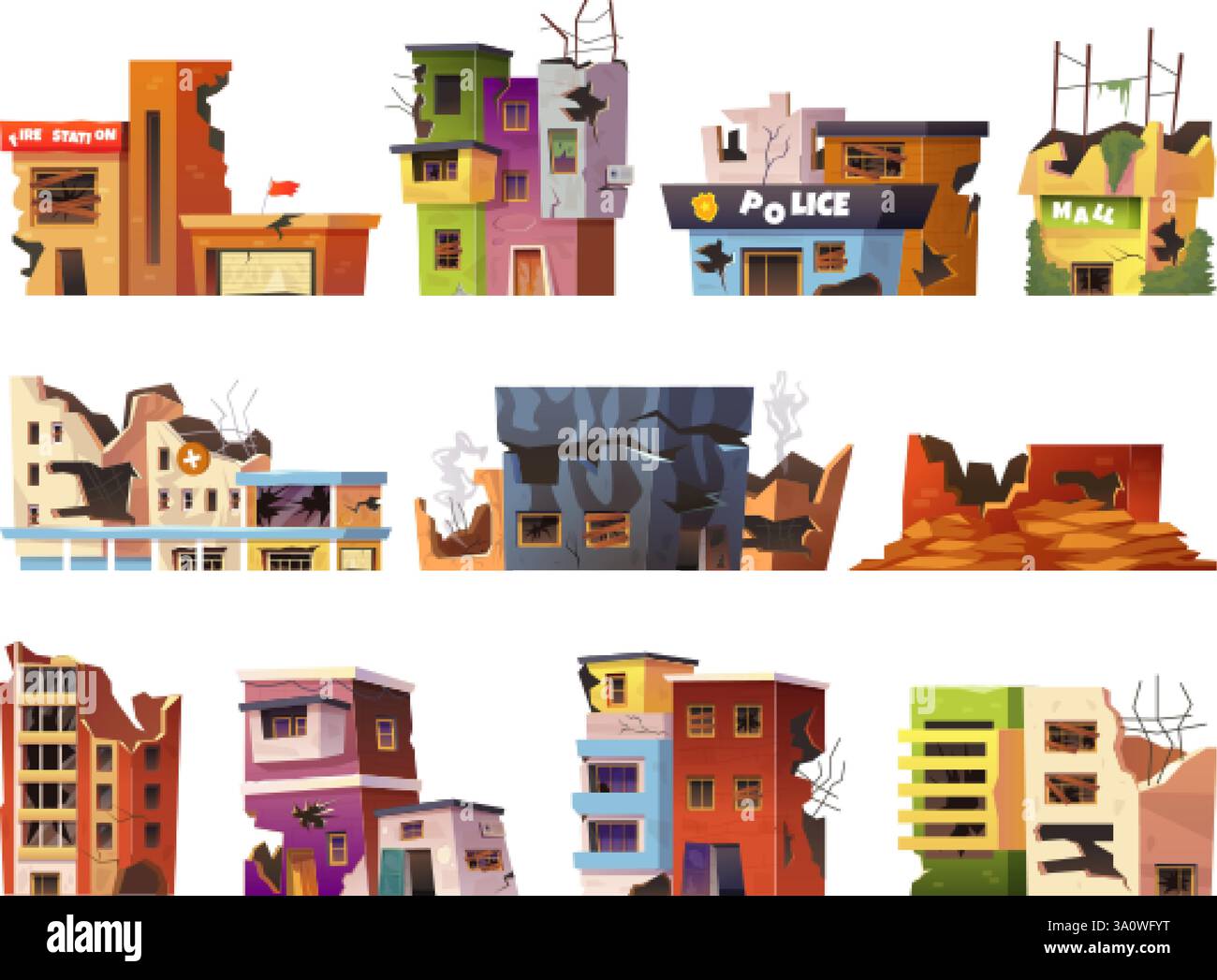 Broken buildings. Cartoon destroyed city houses, apartment building ruin abandoned property ...