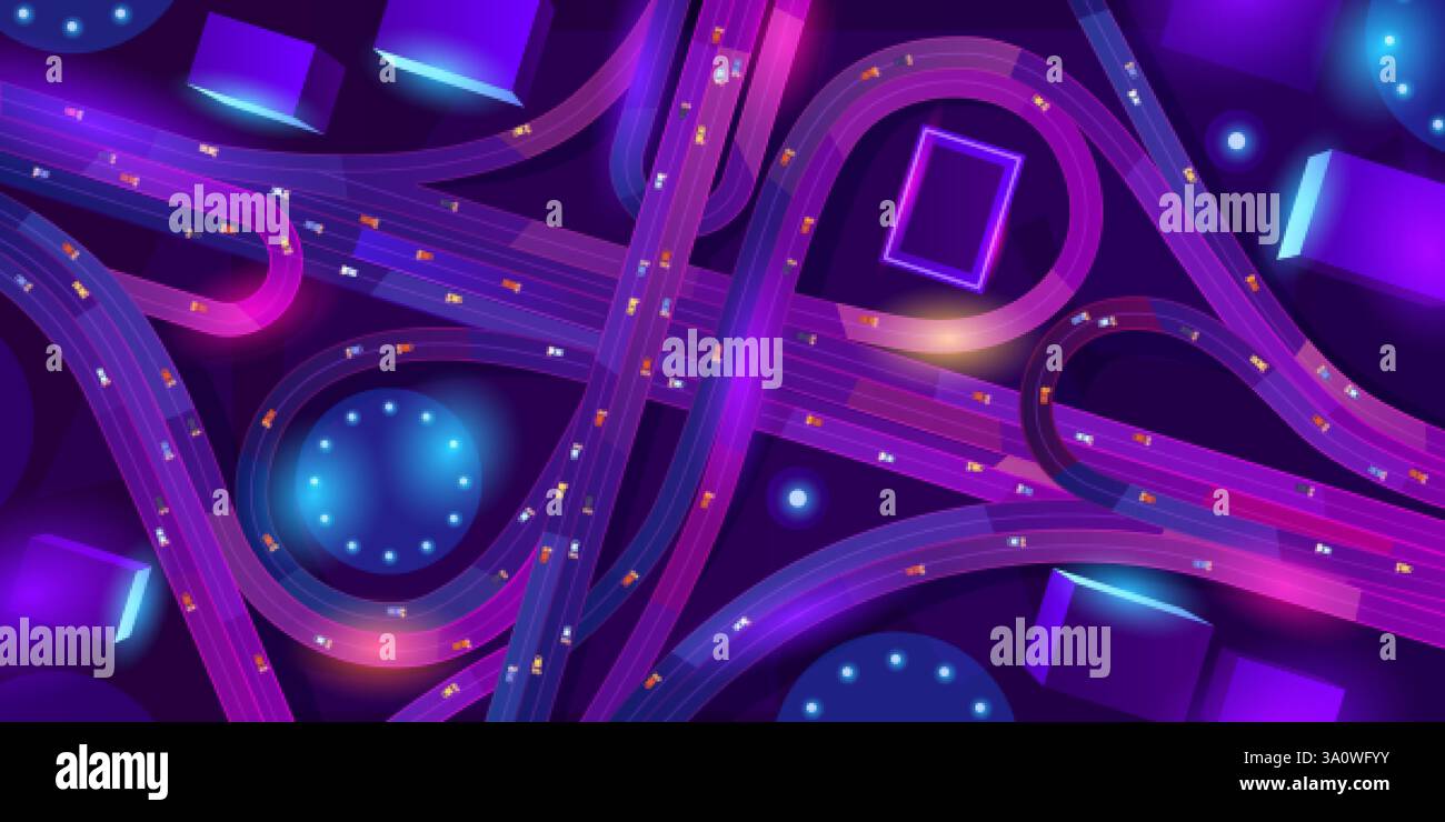 Night intersection top view. Transport interchange city road ...