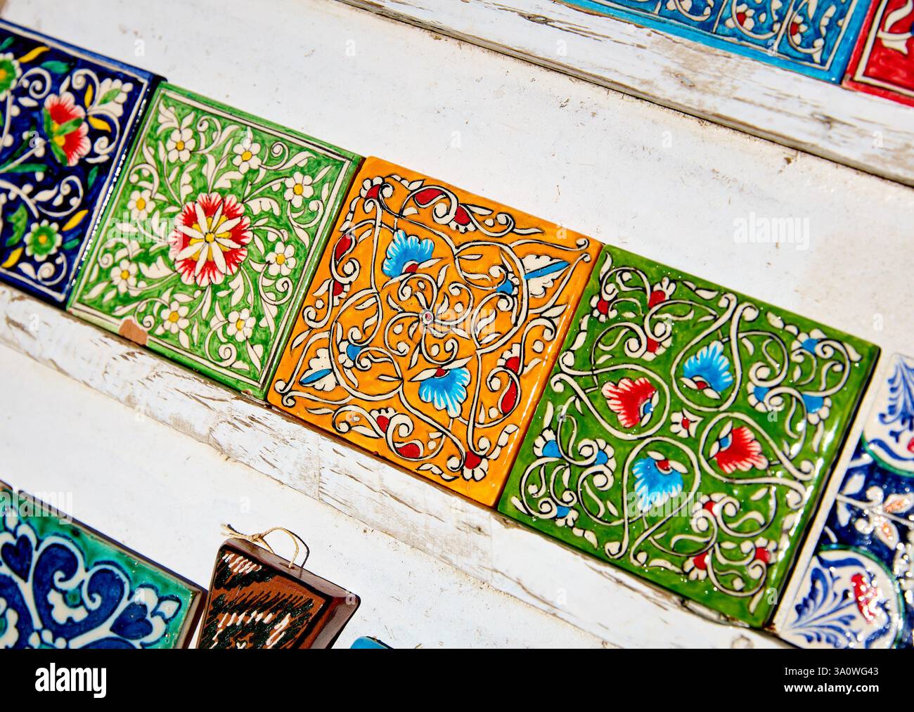 Yellow and green color handmade painted glazed ceramic tiles magnet ...