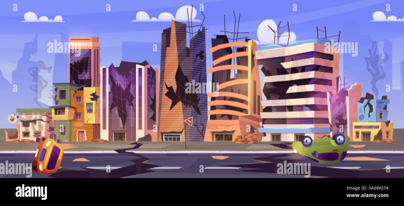 City earthquake. Natural disaster destruction, damaged buildings street ...