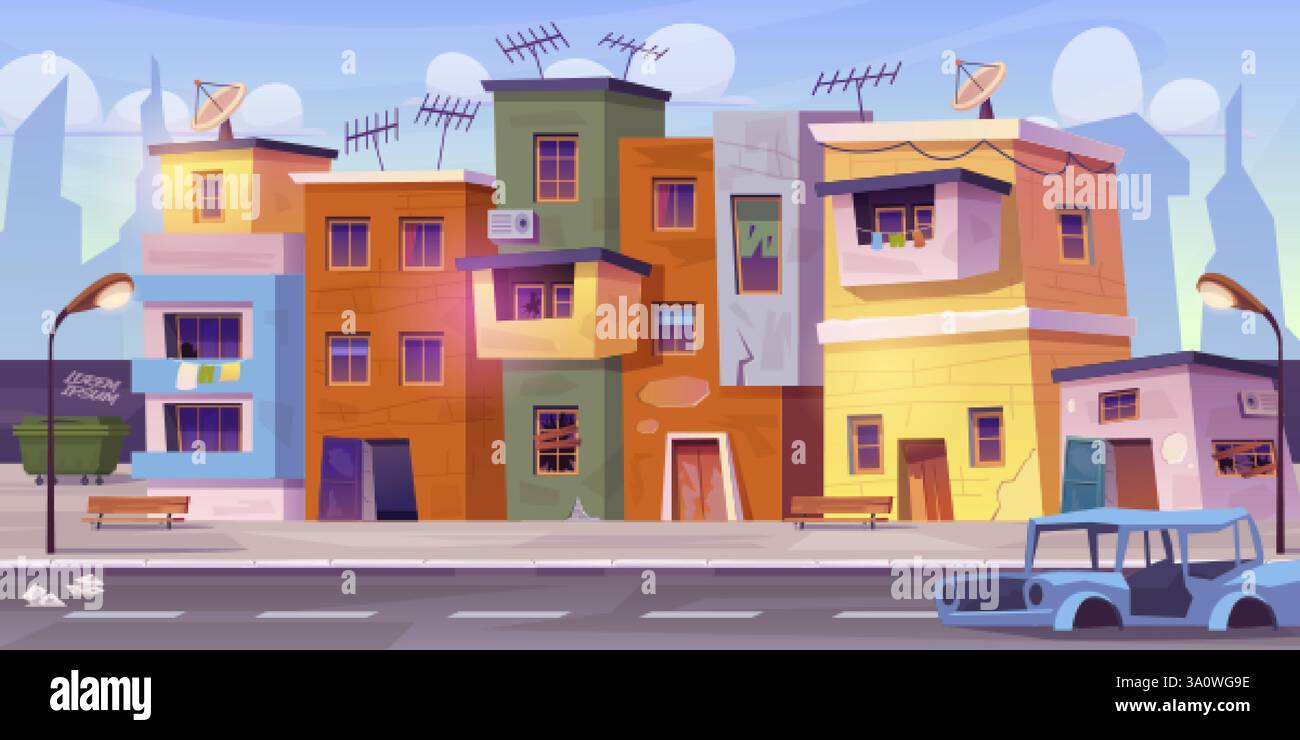 Ghetto street. Poor city slum, abandoned houses village building broken ...