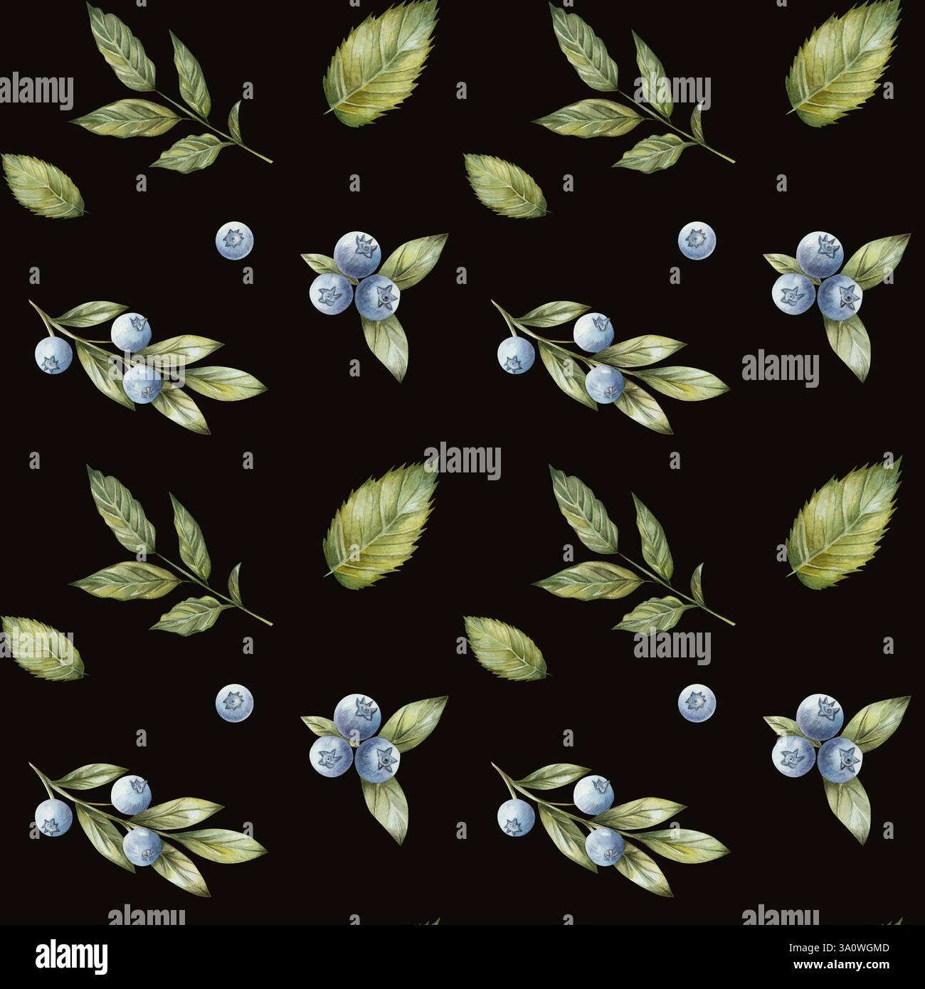 Blueberry. seamless pattern with watercolor blueberries and twigs with ...