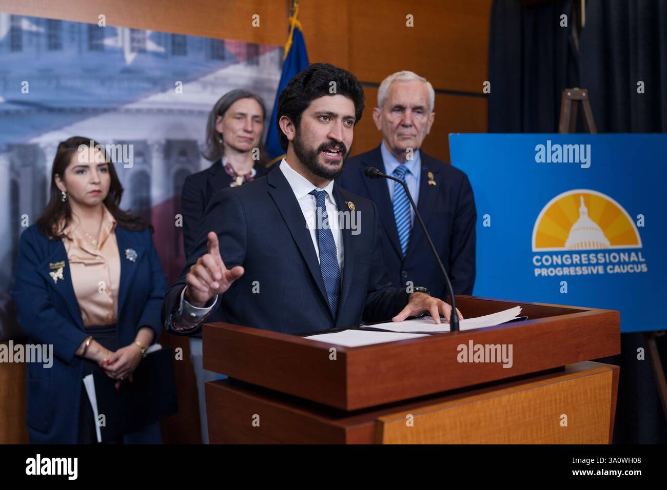 Rep. Greg Casar, D-Texas, center, and other members of the House ...