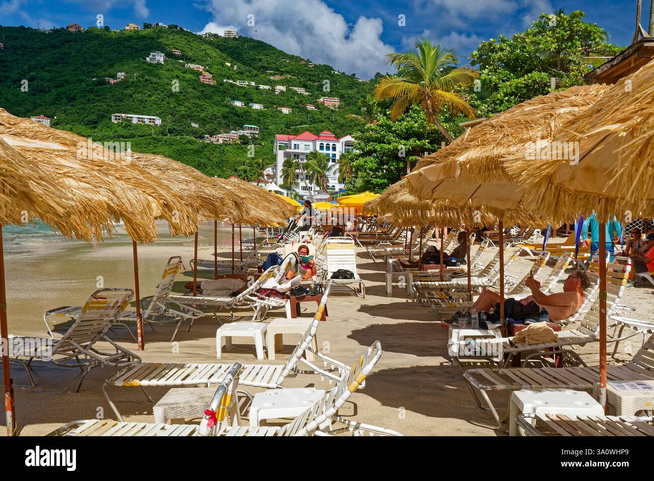 Cane Garden Bay, scene, sand beach, lounge chairs, people, thatched ...