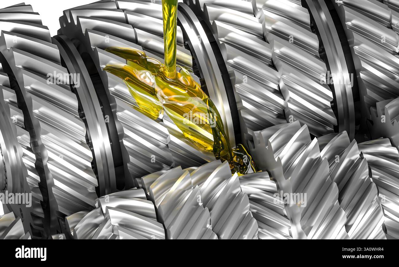 Oil pouring on industrial gears, lubrication and maintenance concept 3d ...