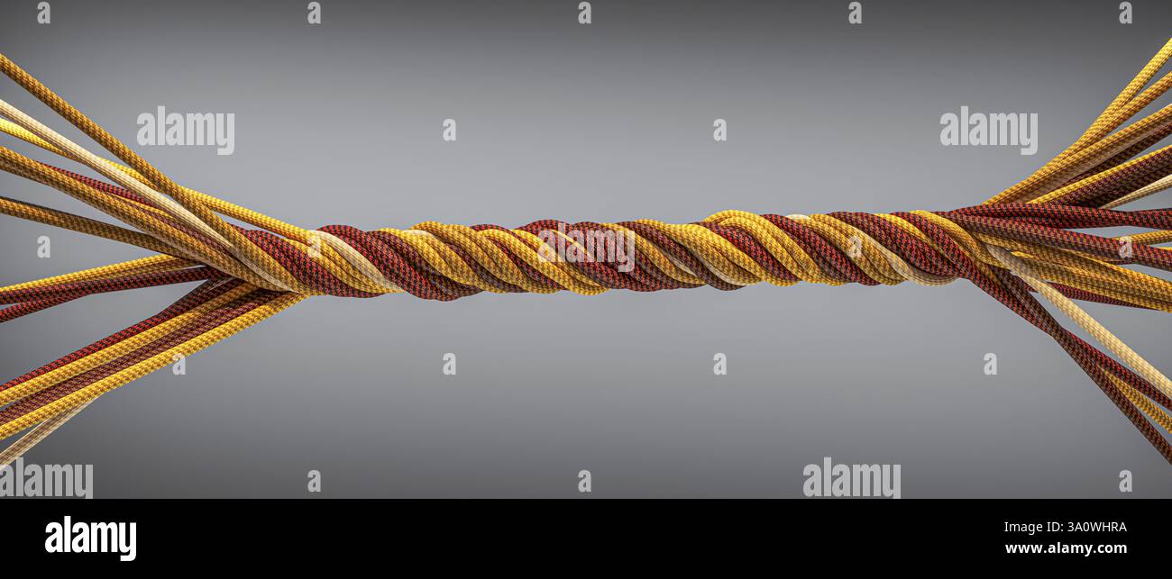 Braided strands combining into single strong rope 3d background Stock ...