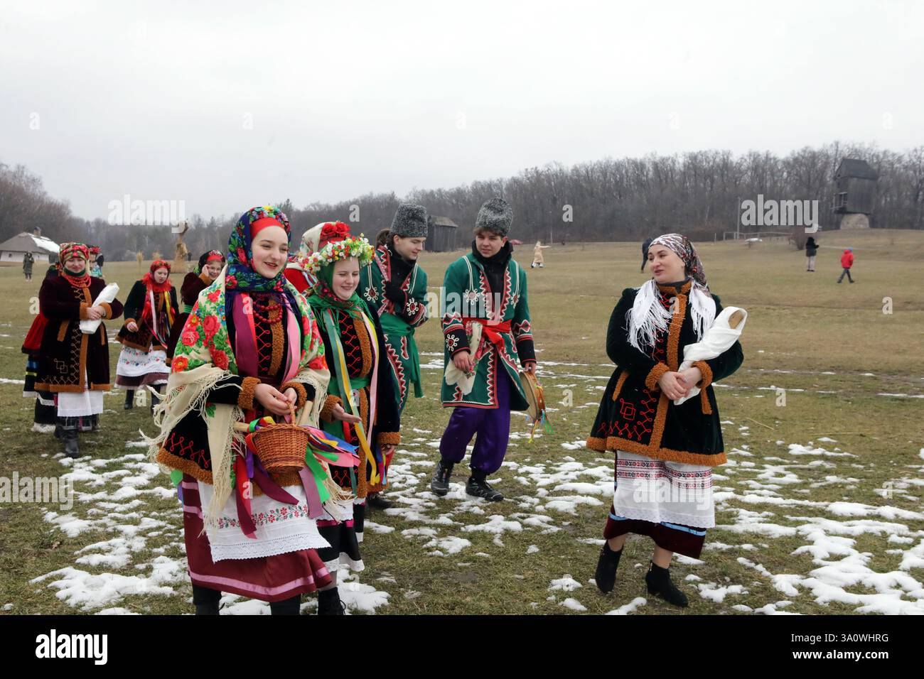 People in folk costumes attend the Kolodii. Masnytsia festival at the ...