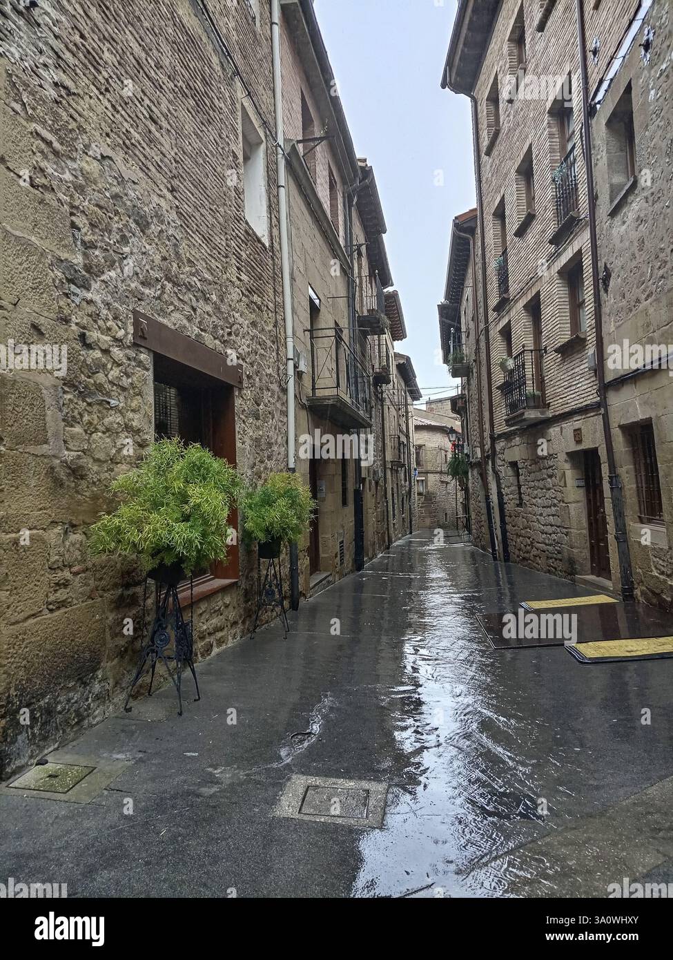Wet cobblestone street in the medieval town of Laguardia, Alava, Spain ...