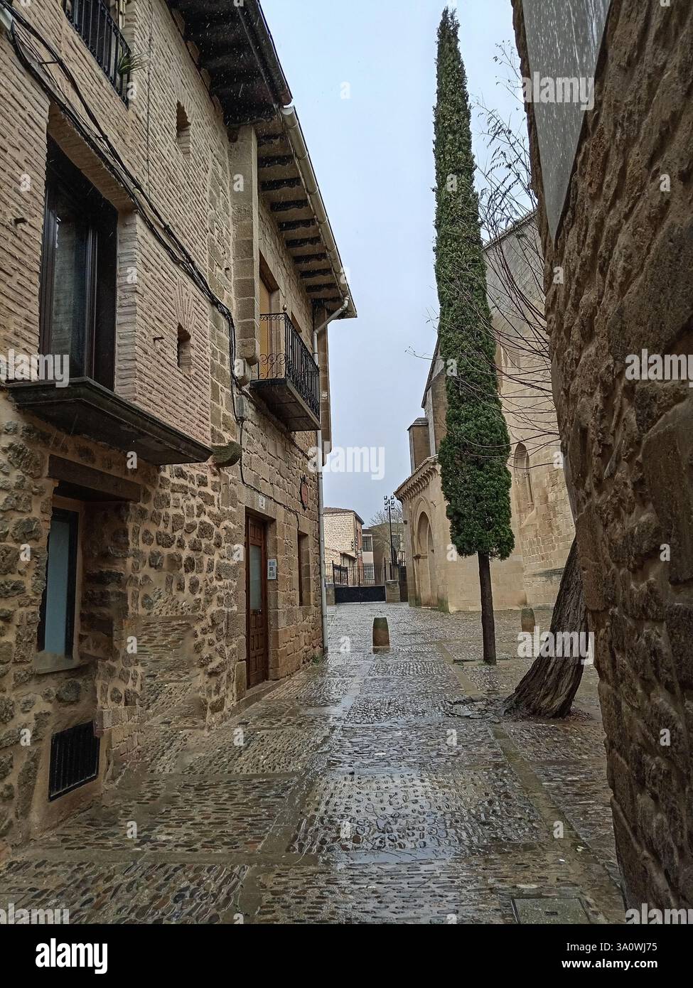 Wet cobblestone street in the medieval town of Laguardia, Alava, Spain ...