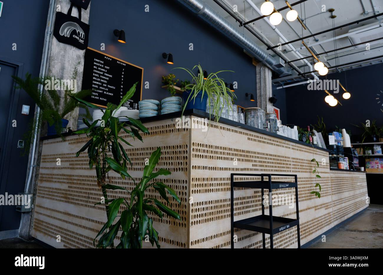 A stylish café bar with an industrial design, lush greenery and warm ...