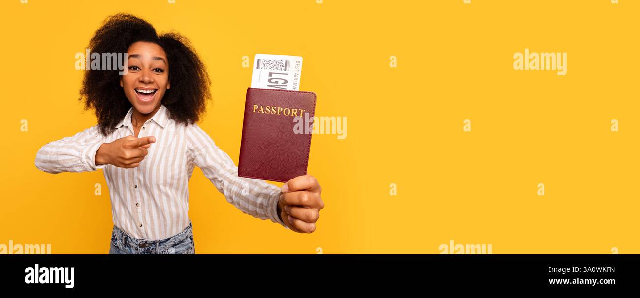Excited lady traveler with passport and ticket, yellow background Stock ...