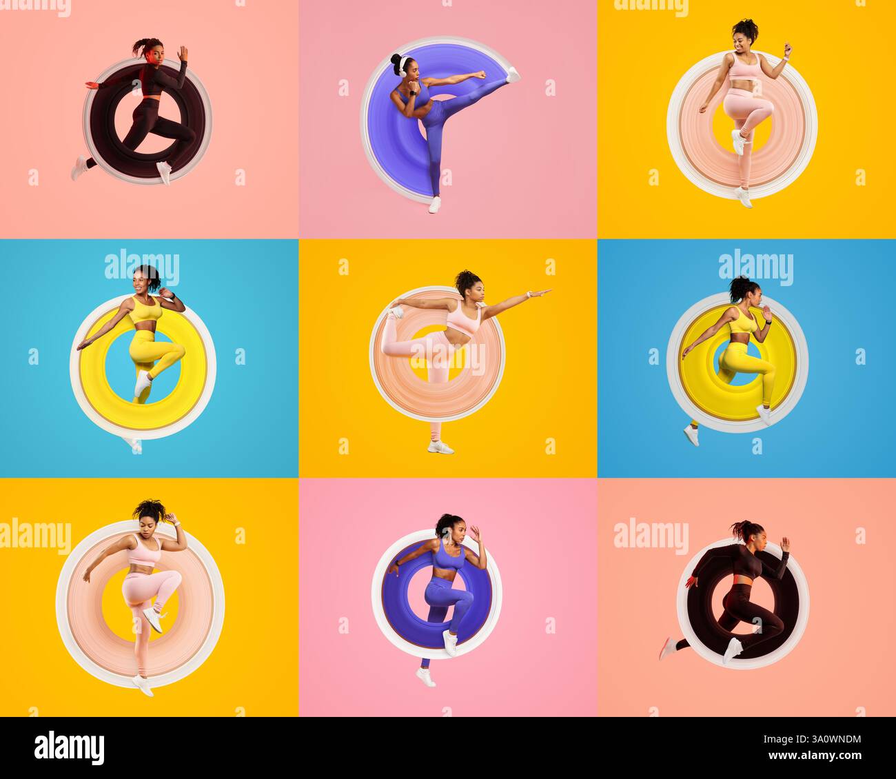 A vibrant collage displays millennials engaged in various fitness ...