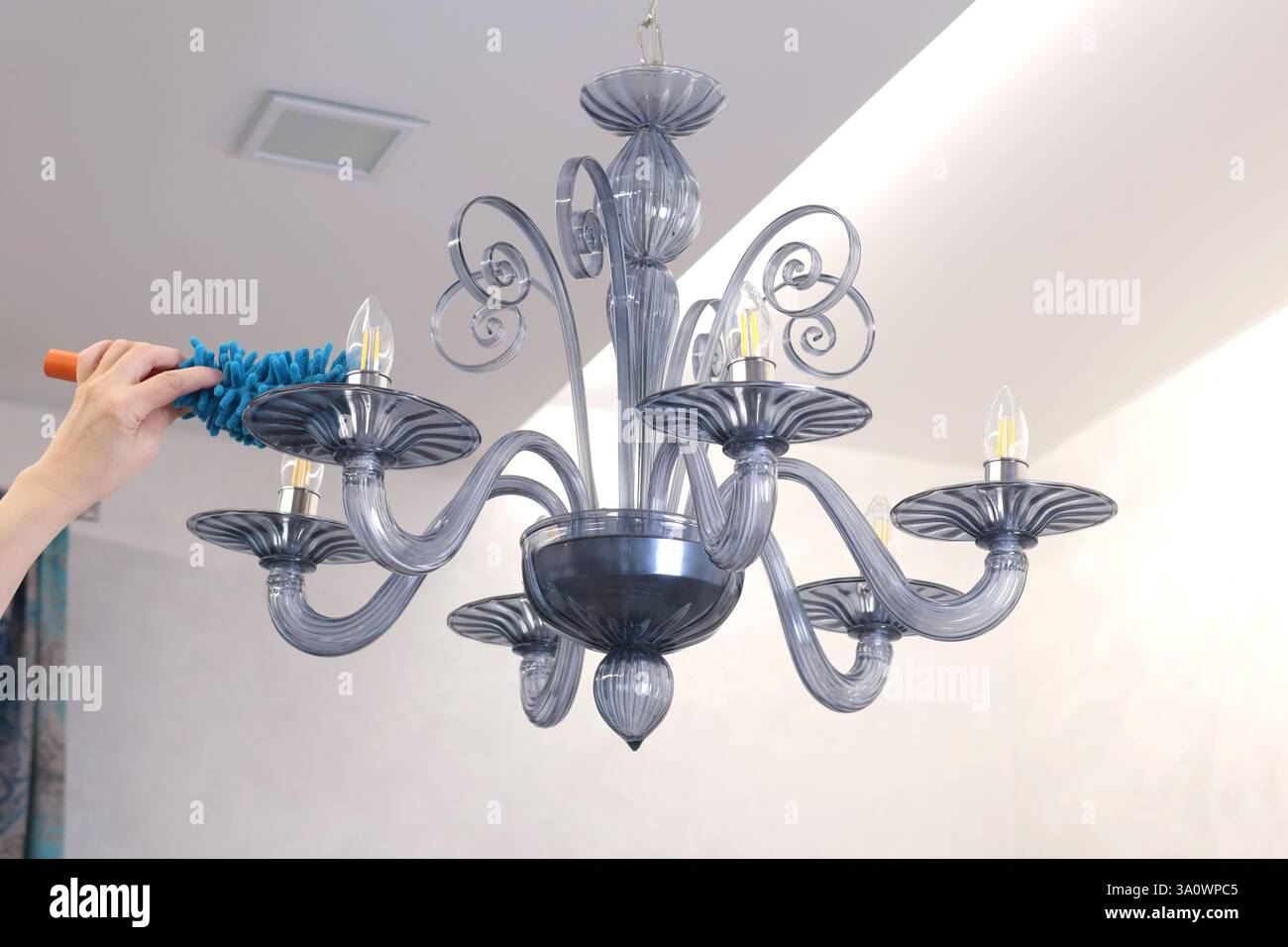 Woman wipe dust on glass chandelier with fluffy broom in living room ...