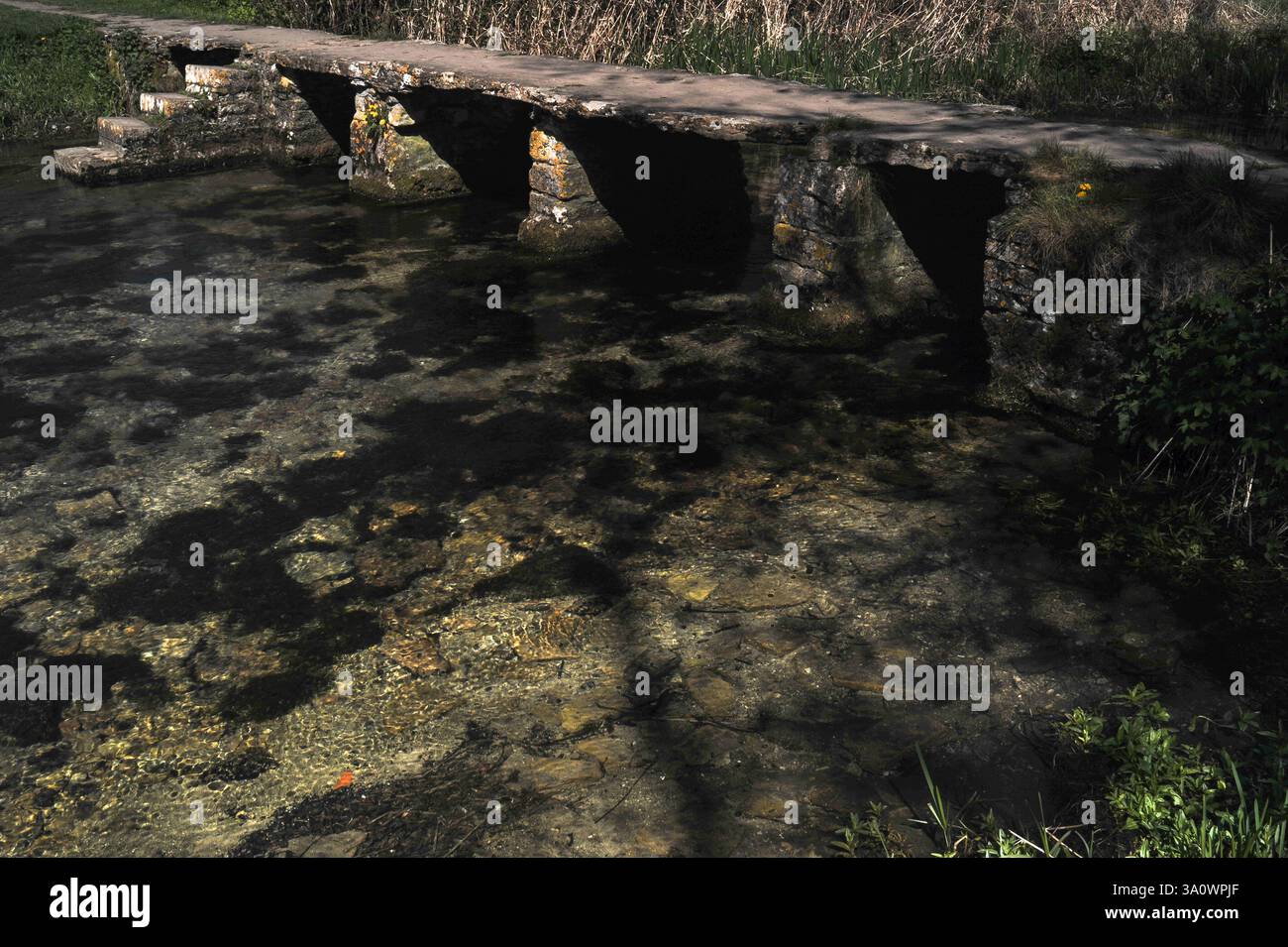 Rare example of medieval stone clapper bridge spanning the River Leach ...