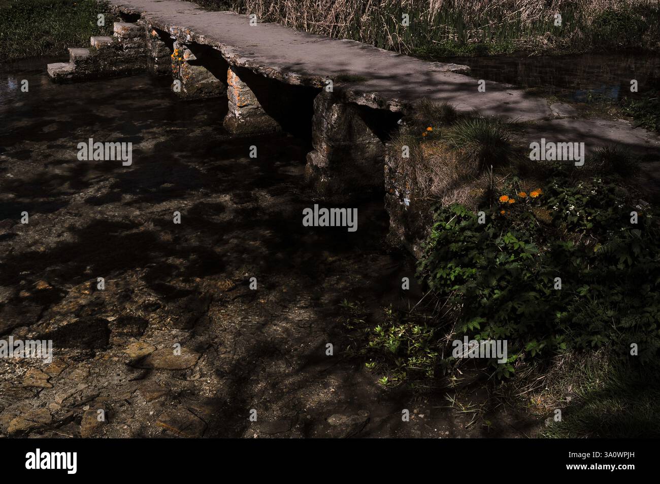 Rare medieval pedestrian clapper bridge with stone slabs resting on ...