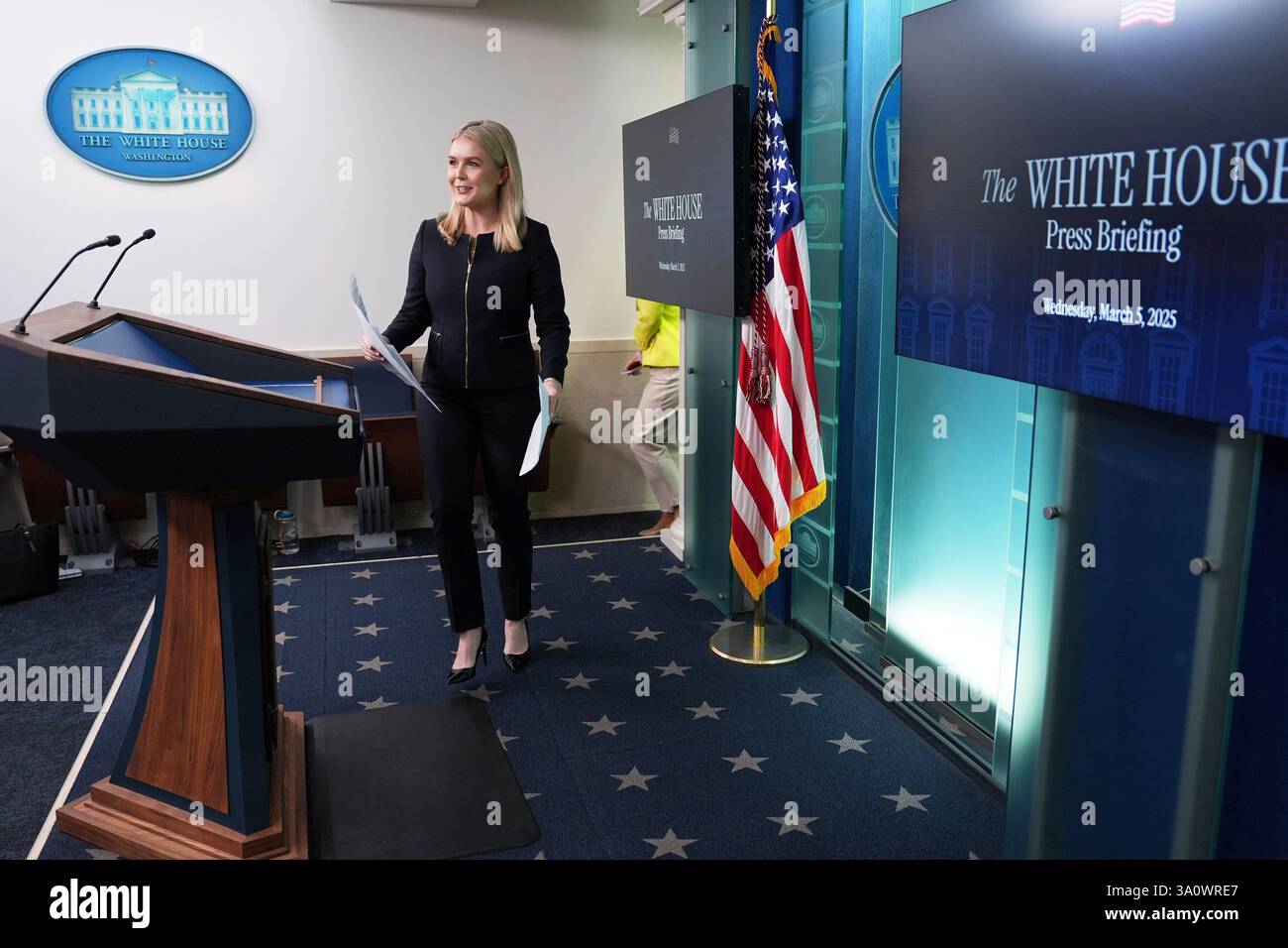 White House press secretary Karoline Leavitt arrives to speak with reporters in the James Brady ...