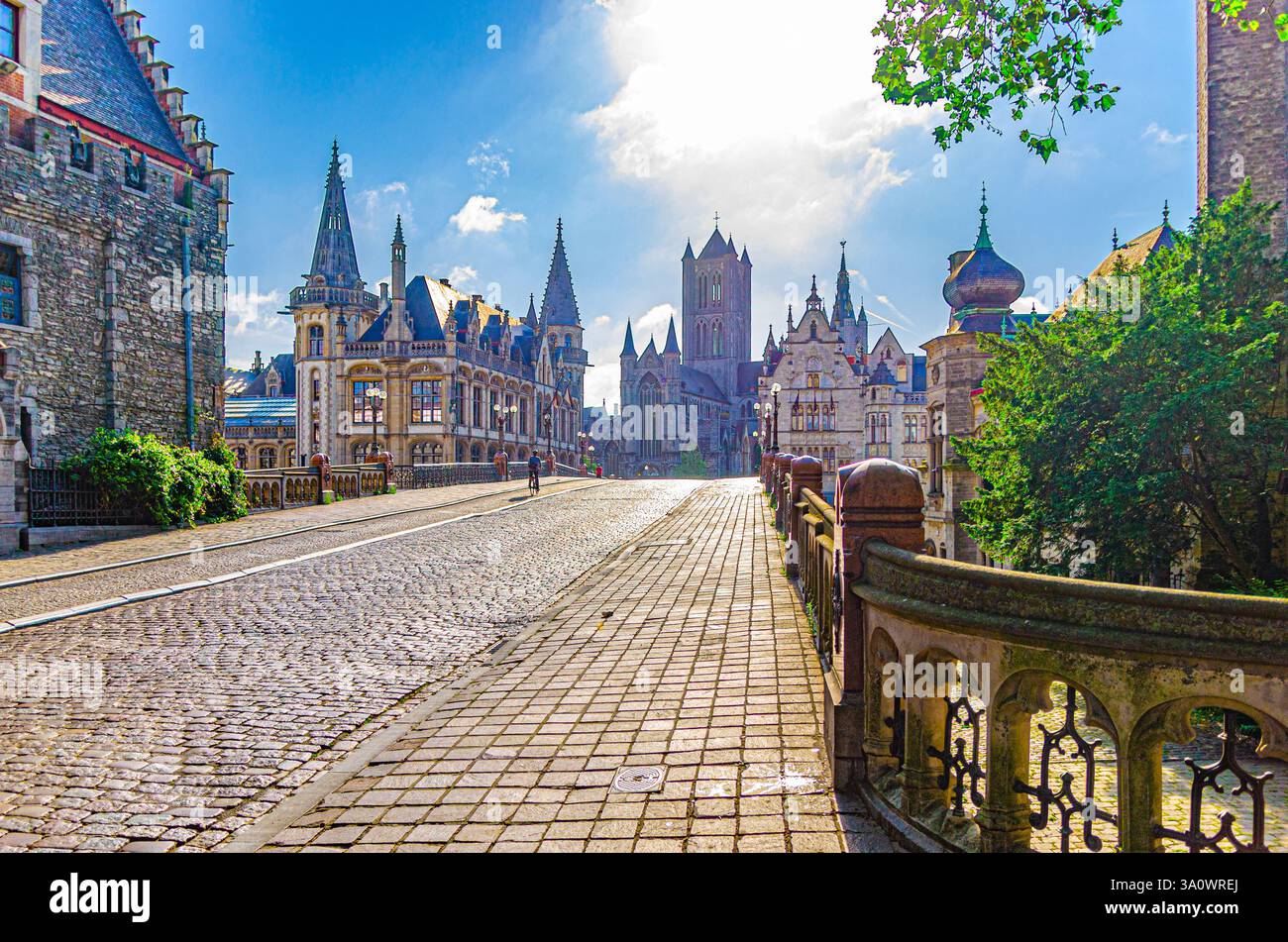 Cityscape of Ghent old town, Gent city historical center with Saint ...