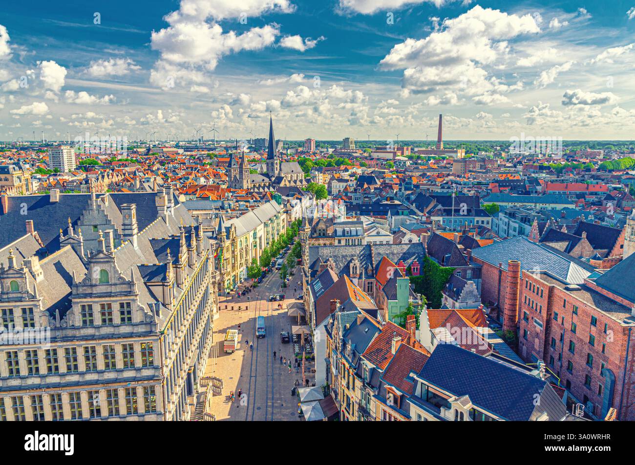 Ghent cityscape with aerial view of Ghent city historical centre with ...