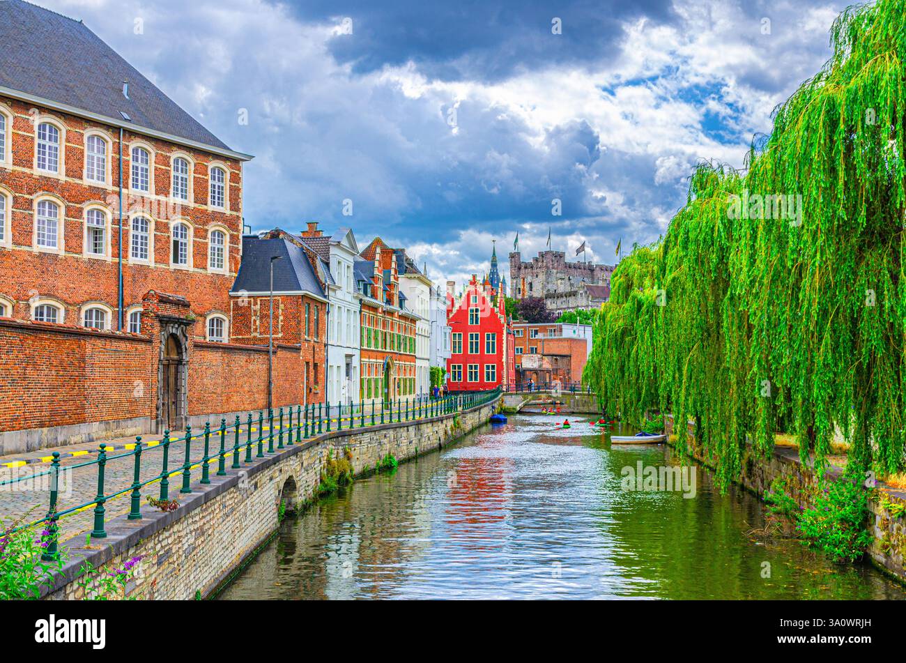 Ghent cityscape, embankment promenade of Lieve water canal, Lievebrug ...