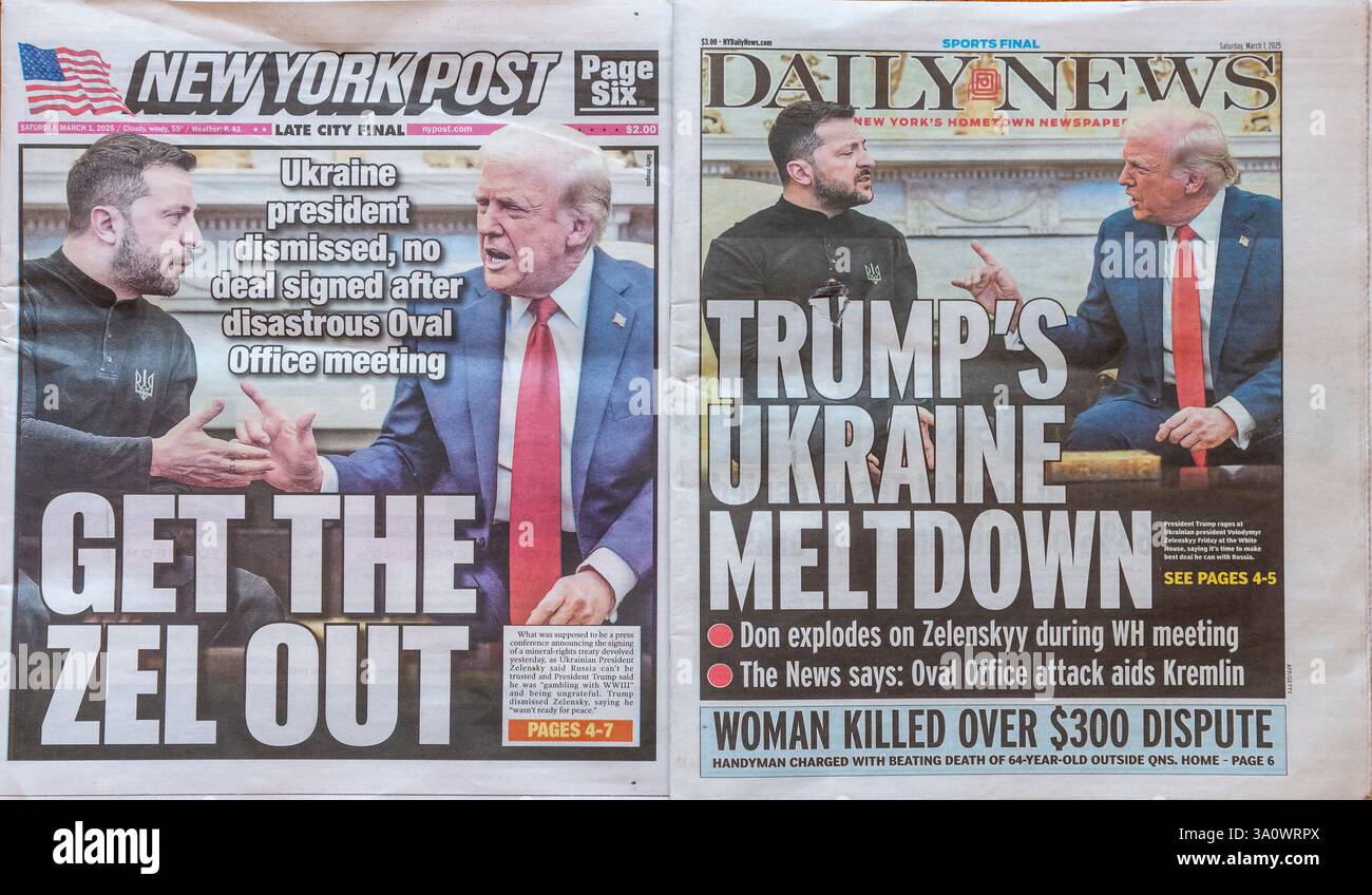 Headlines of tabloid newspapers in New York on Saturday, March 1, 2025 ...